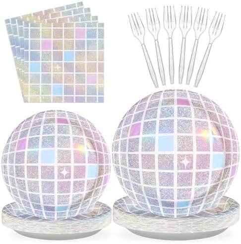 96Pcs Disco Party Supplies Pink Pastel Silver Disco Ball Plates and ...