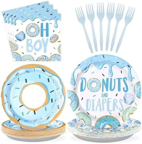 96Pcs Donut Baby Shower Decorations for Boy Blue Donut Party Plates and ...