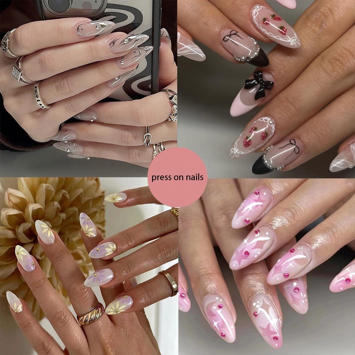 96Pcs French Almond Press-On Nails – Medium Aurora Ice, Star Diamond ...