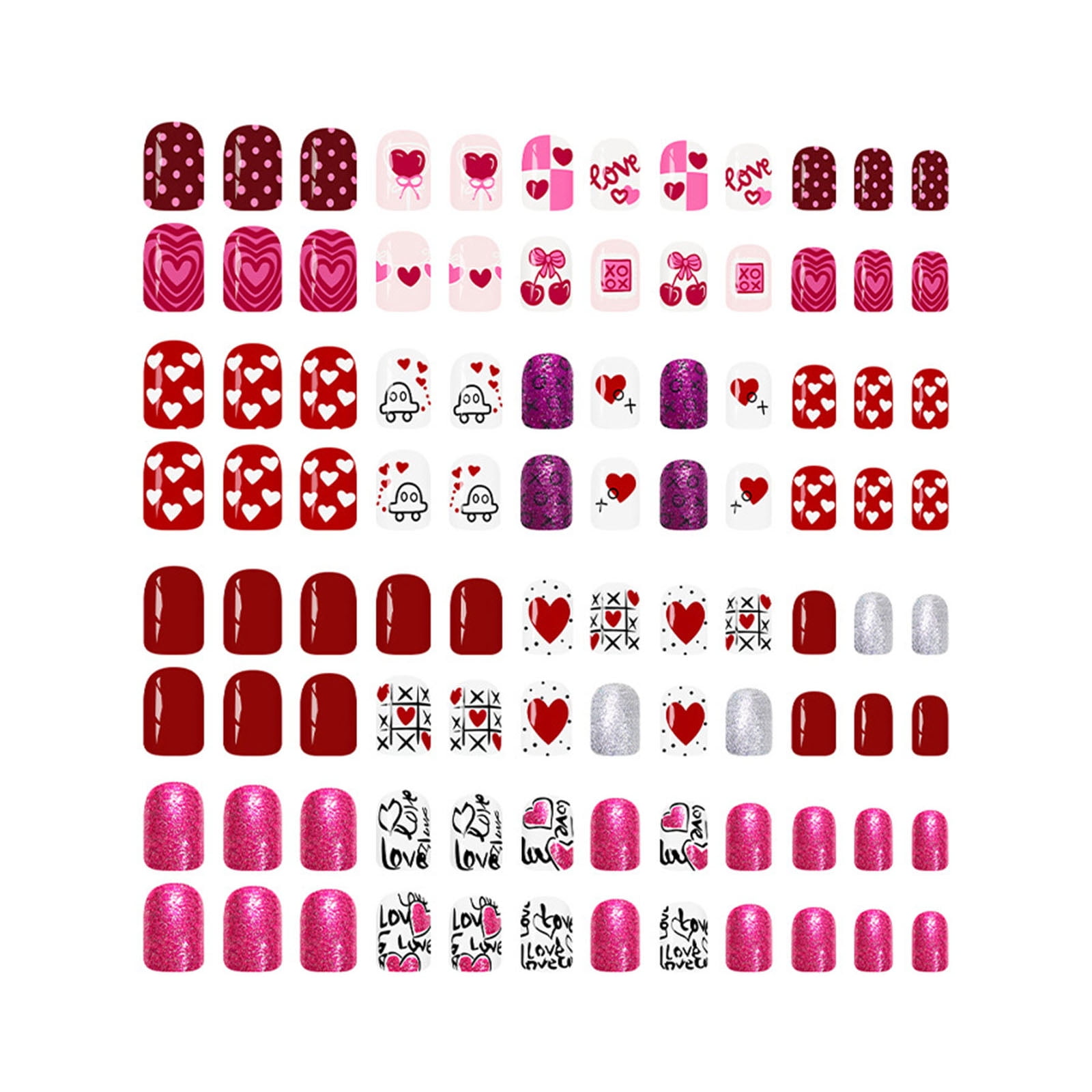 96Pcs Glossy Short Square Fakes Nails Quickly Sticks On Red Heart ...