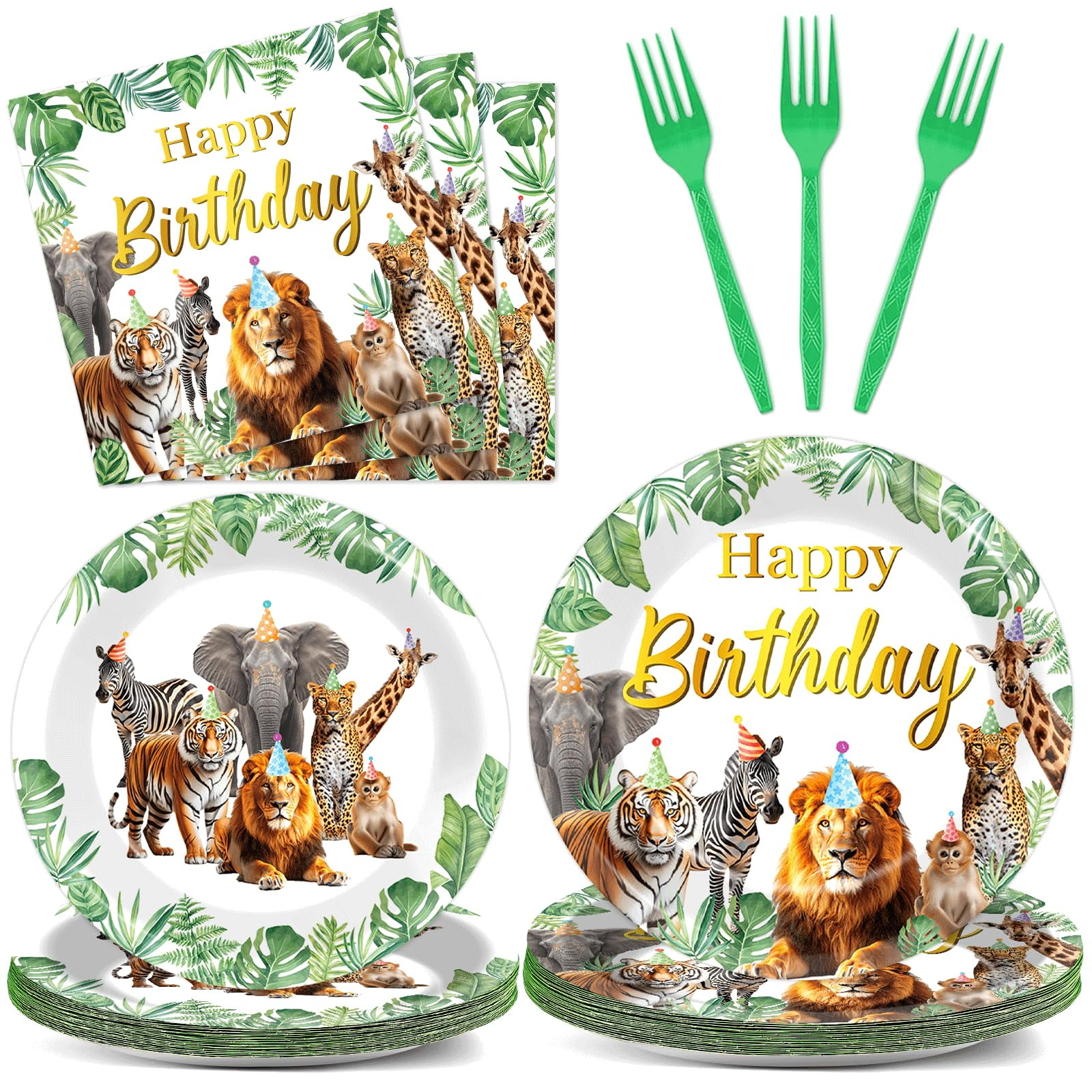 96Pcs Jungle Animals Plates and Napkins Safari Happy Party Decorations ...