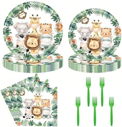 96Pcs Jungle Plates and Napkins Safari Animals Party Decorations Jungle ...