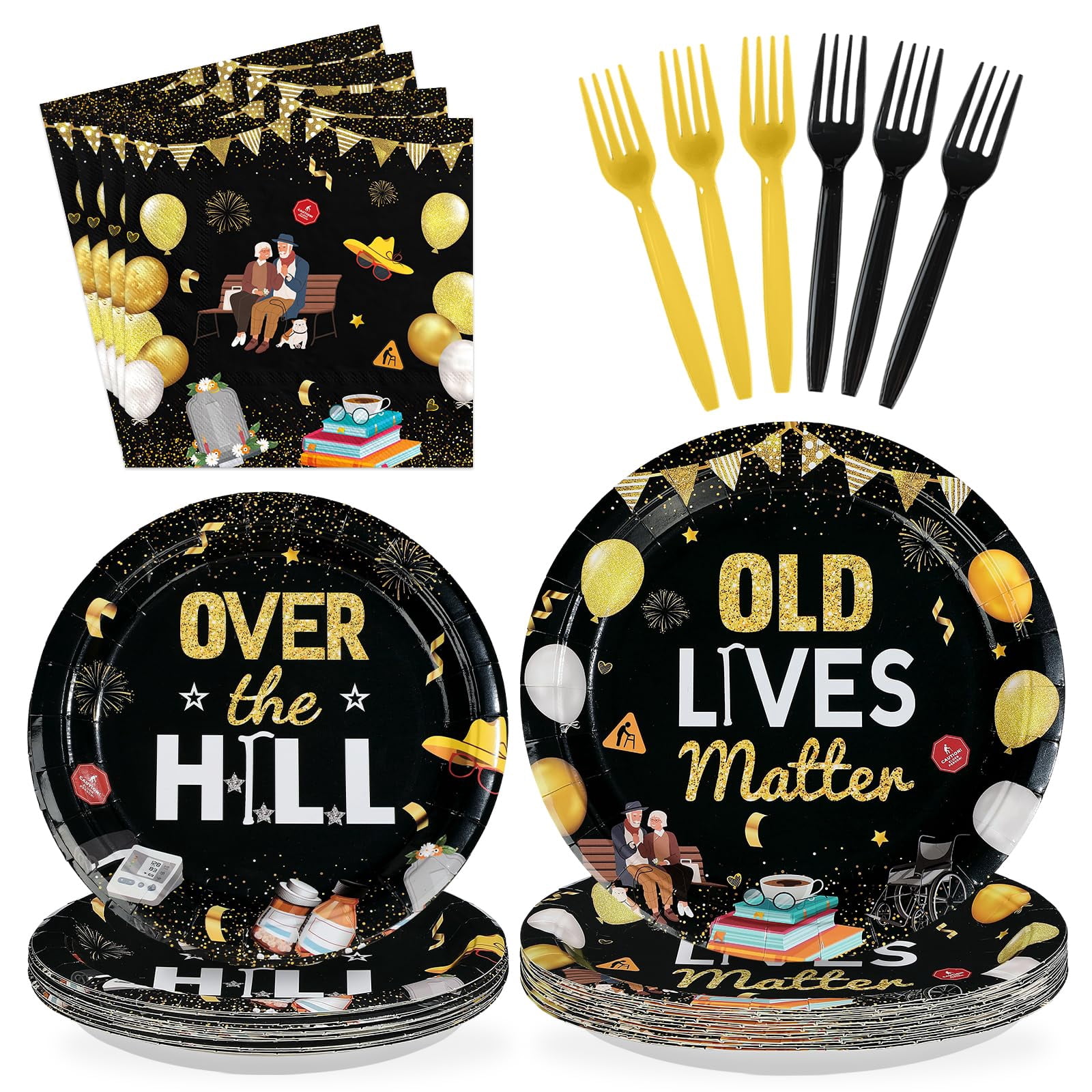 96Pcs Old Lives Matter Decoration Over The Hill Plates and Napkins Gold ...