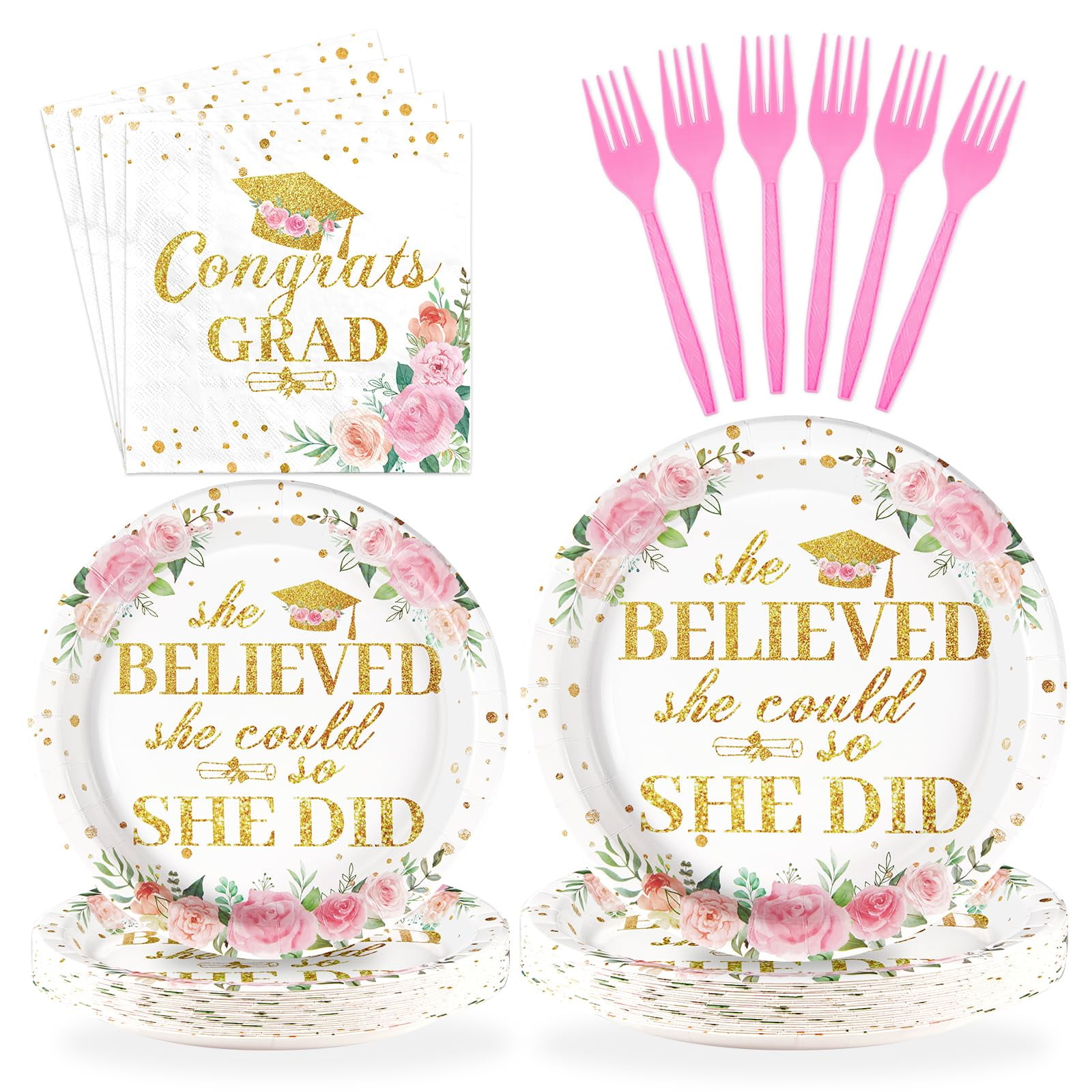 96Pcs Pink Graduation Decorations Class of AFN12025 Floral Grad Plates ...