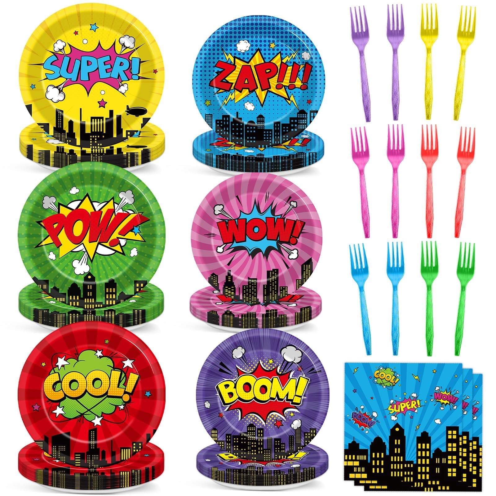 96Pcs Super Theme Hero Party Plates and Napkins Forks for Comic Heroes ...