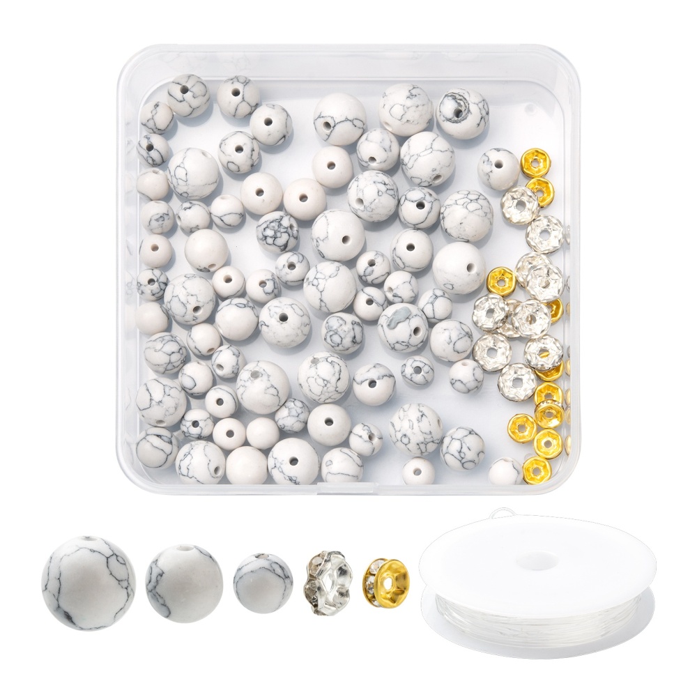 96Pcs Synthetic Howlite Round Beads Kit for DIY Jewelry Making with Iron Rhinestone Spacer Beads ...