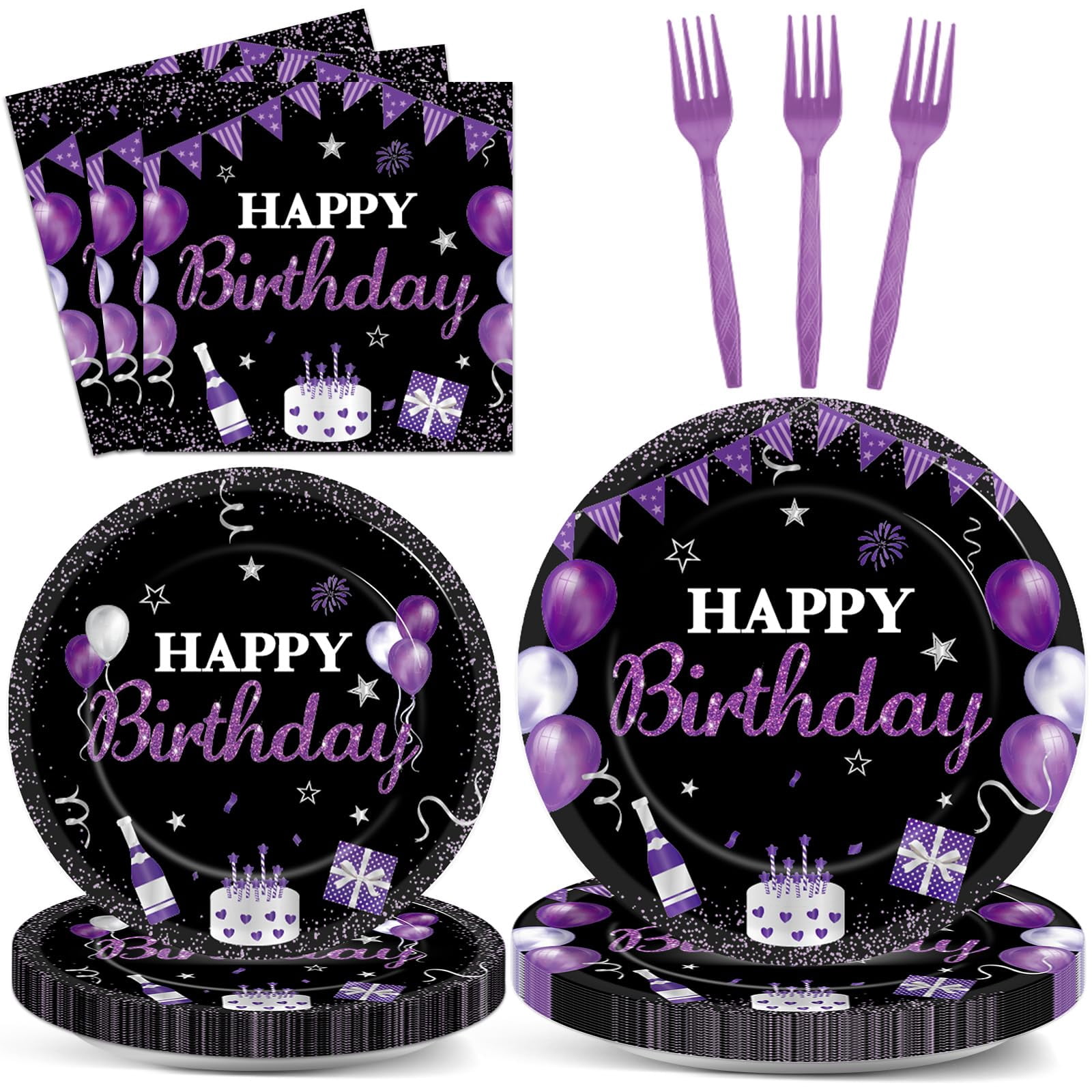 96Pcs TMH1 Purple Birthday Party Supplies Purple and Black Plates ...