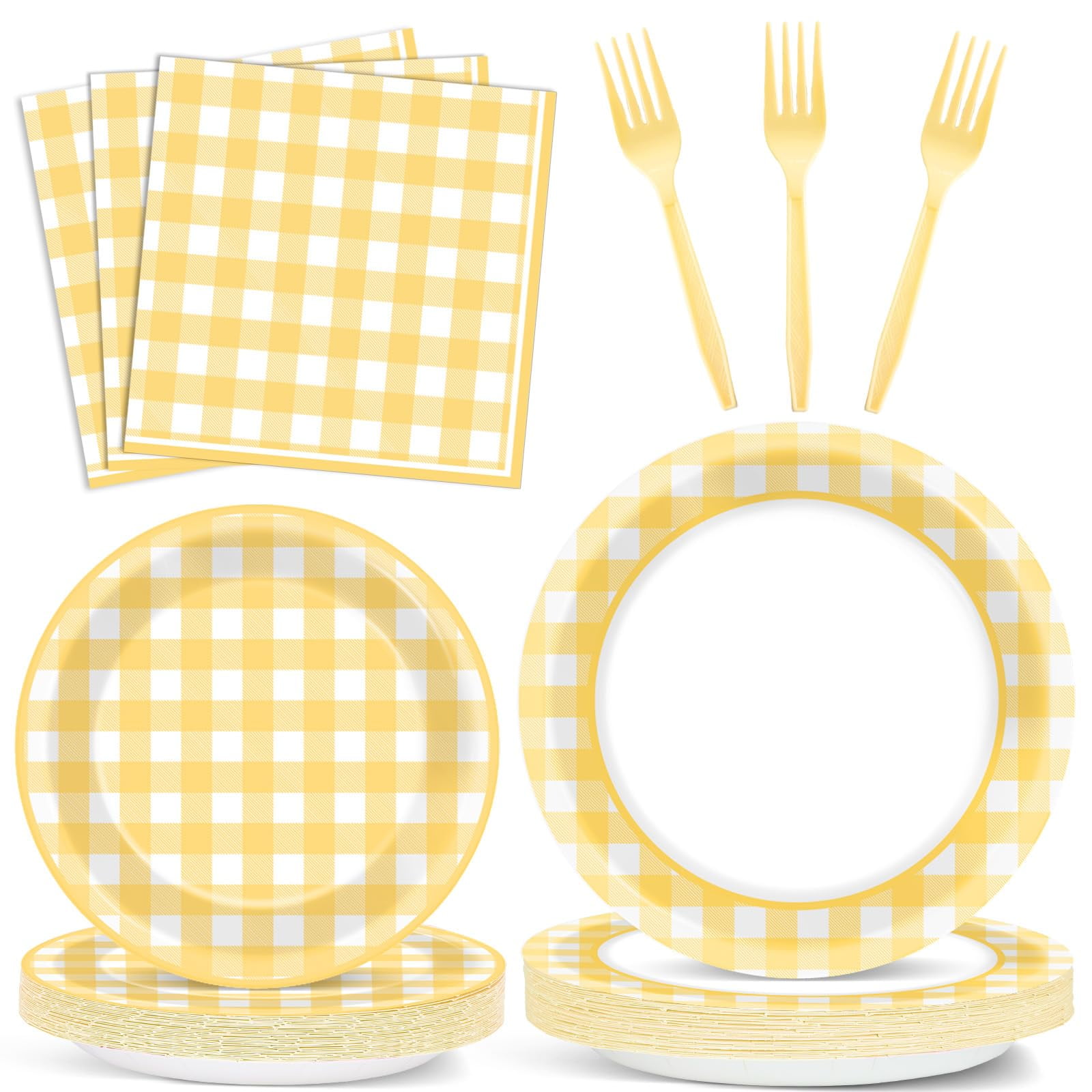 96Pcs Yellow Gingham Party Supplies Yellow AFN1Plaid Bachelorette ...