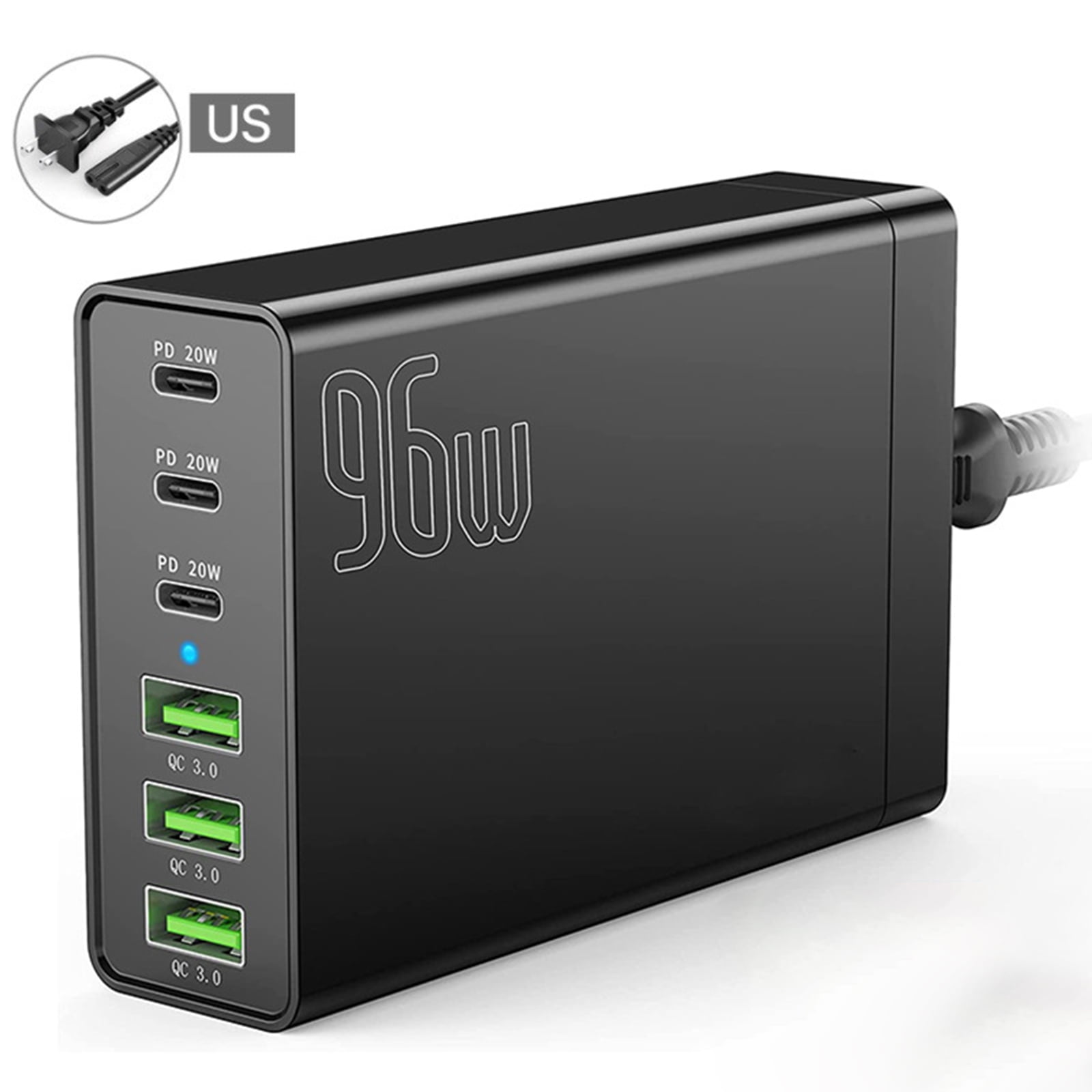 96W 6 Ports Desktop USB Charging Station with 3 USB-C Ports and 3 QC3.0 ...