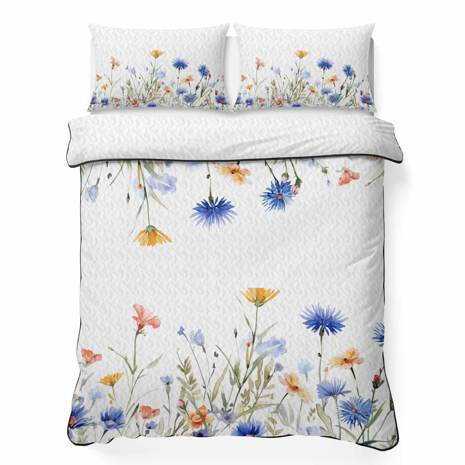 King Quilt Bedding Set Blossom Flower Watercolor Leaves Breathable ...