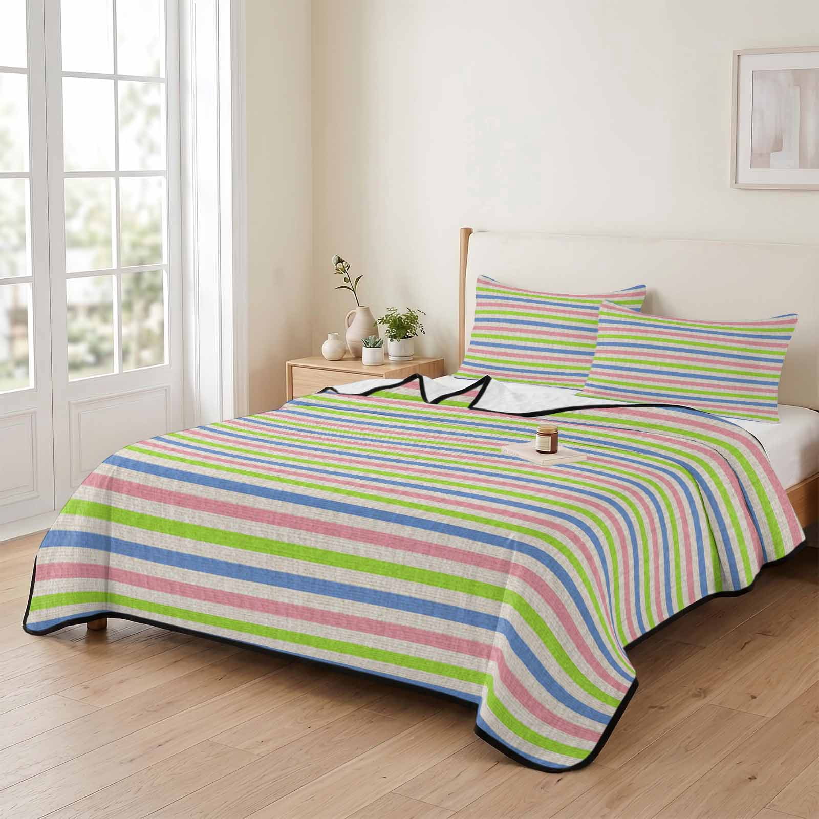 96x106in Quilt Bedding Set, Blue Green Pink Stripes on Linen ...