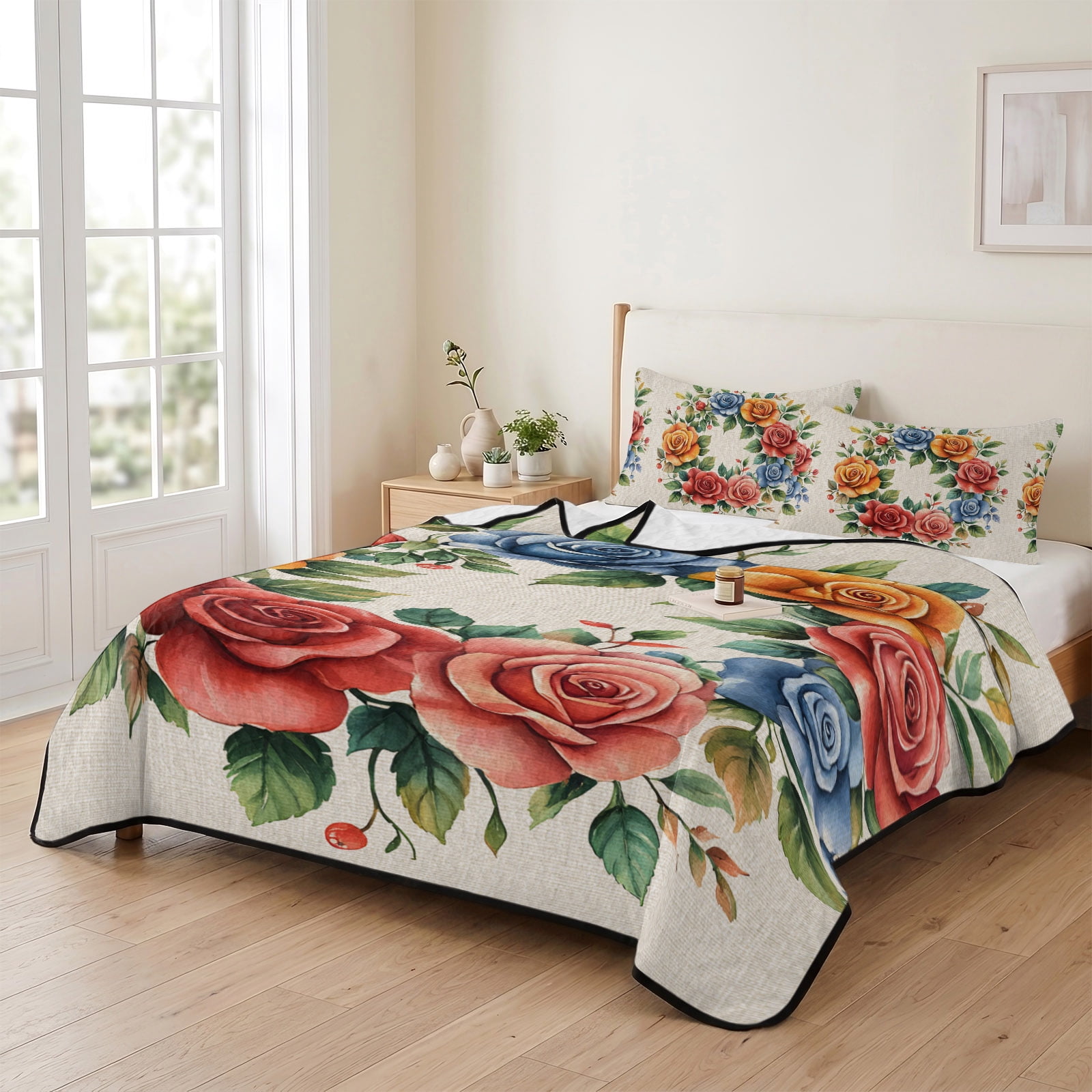96x106in Quilt Bedding Set, Blue Red Yellow Rose Flower on Linen ...