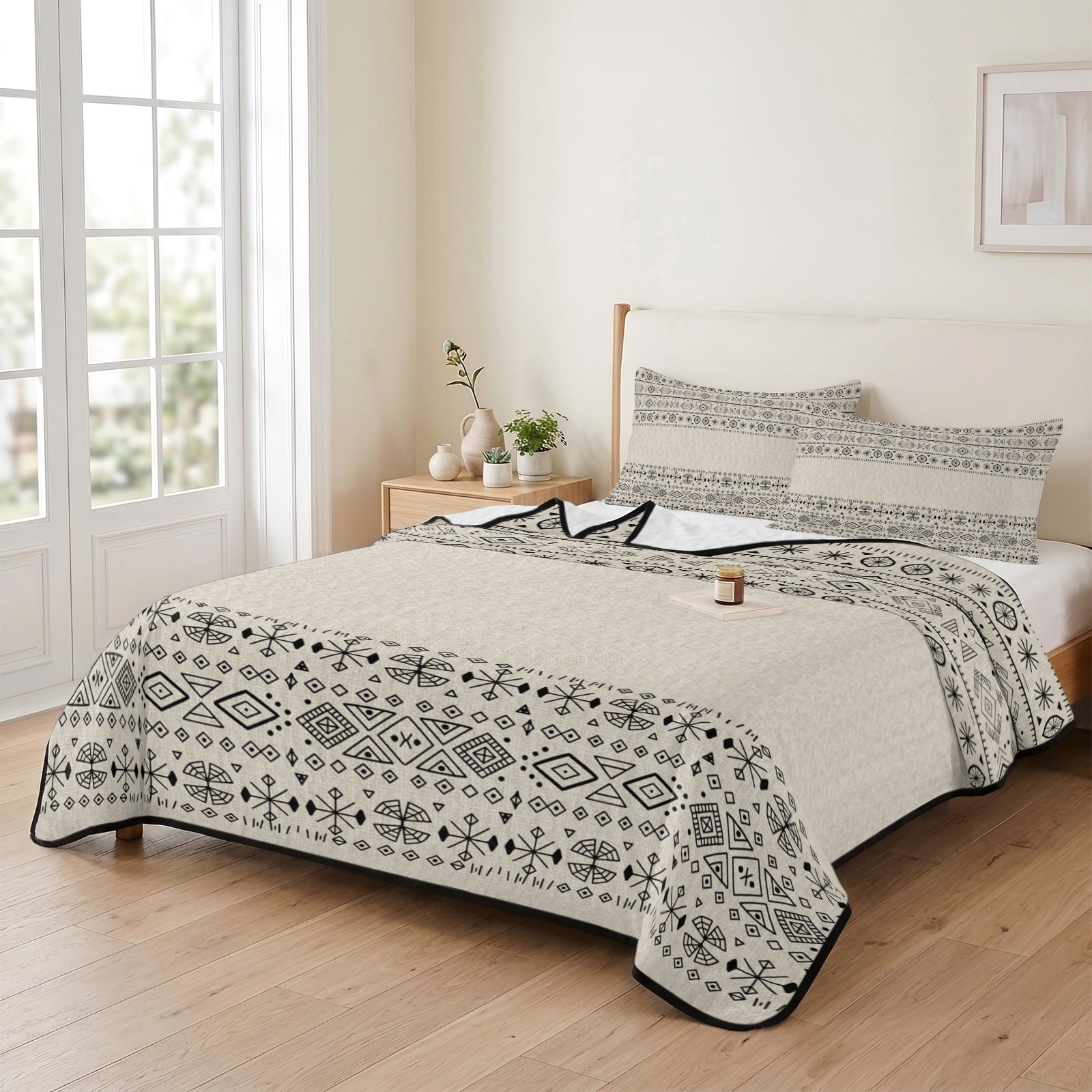 96x106in Quilt Bedding Set, Boho Abstract Geometric Line Lightweight ...