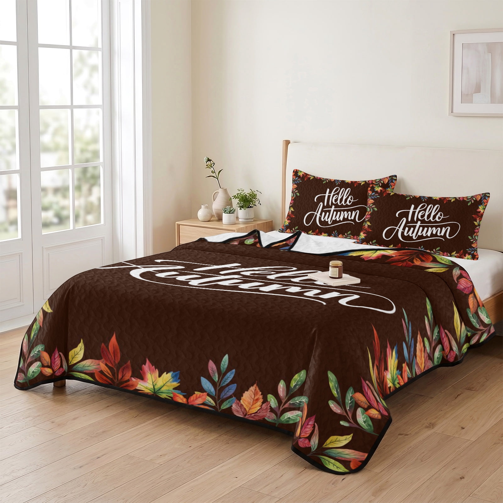 96x106in Quilt Bedding Set, Burnt Orange Maple Leaf Fall Thanksgiving ...