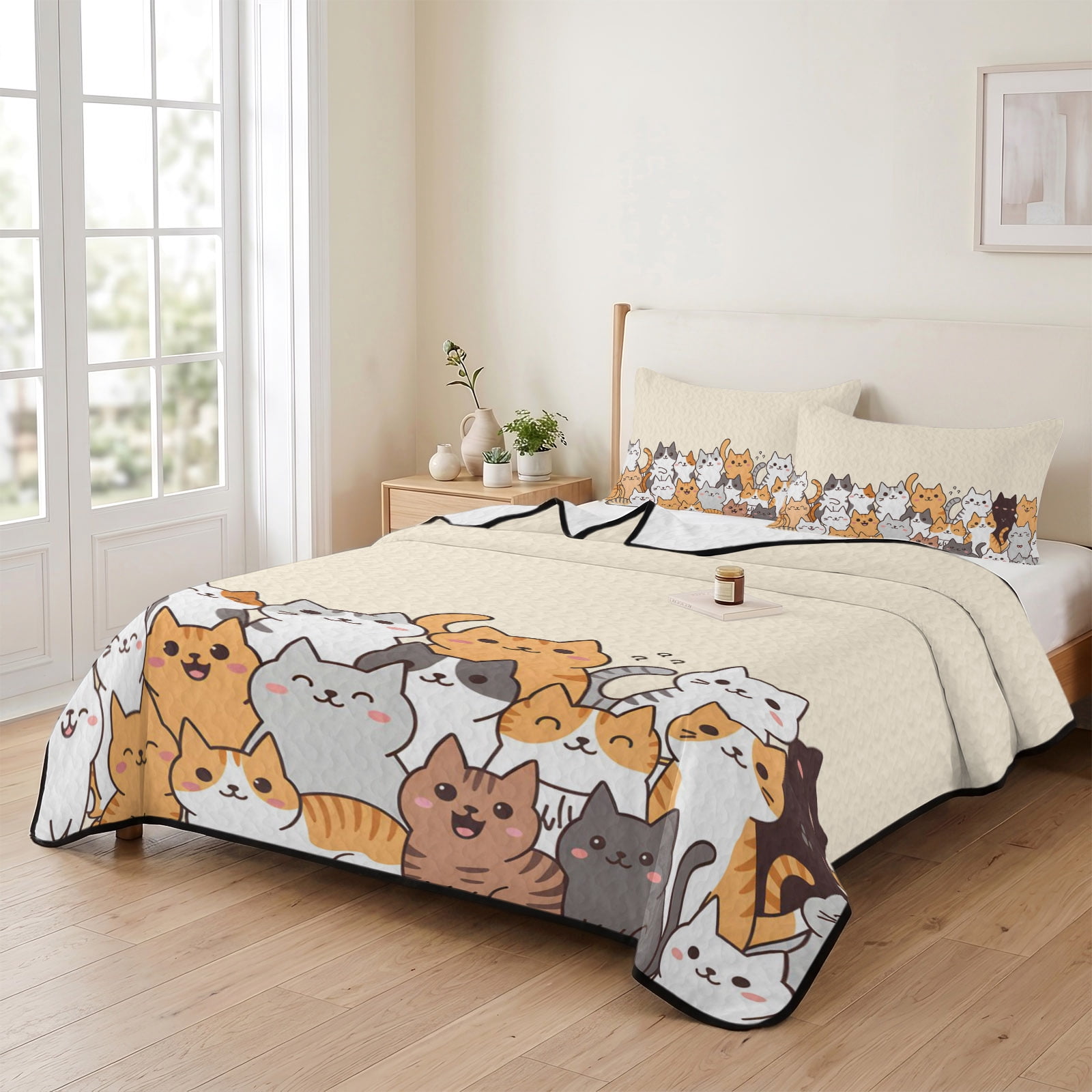 96x106in Quilt Bedding Set, Cartoon Pet Cat Lightweight Coverlet Summer ...