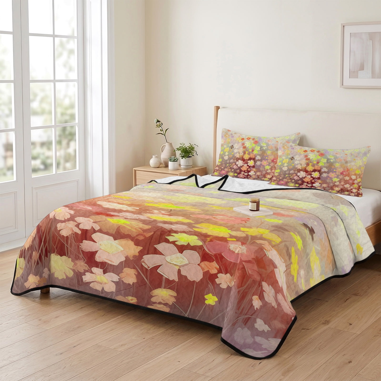 96x106in Quilt Bedding Set, Colorful Flower Vintage Oil Painting Art ...