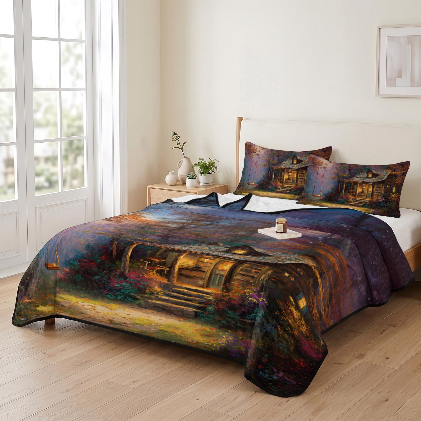 96x106in Quilt Bedding Set, Country Autumn Forest Lightweight Coverlet ...
