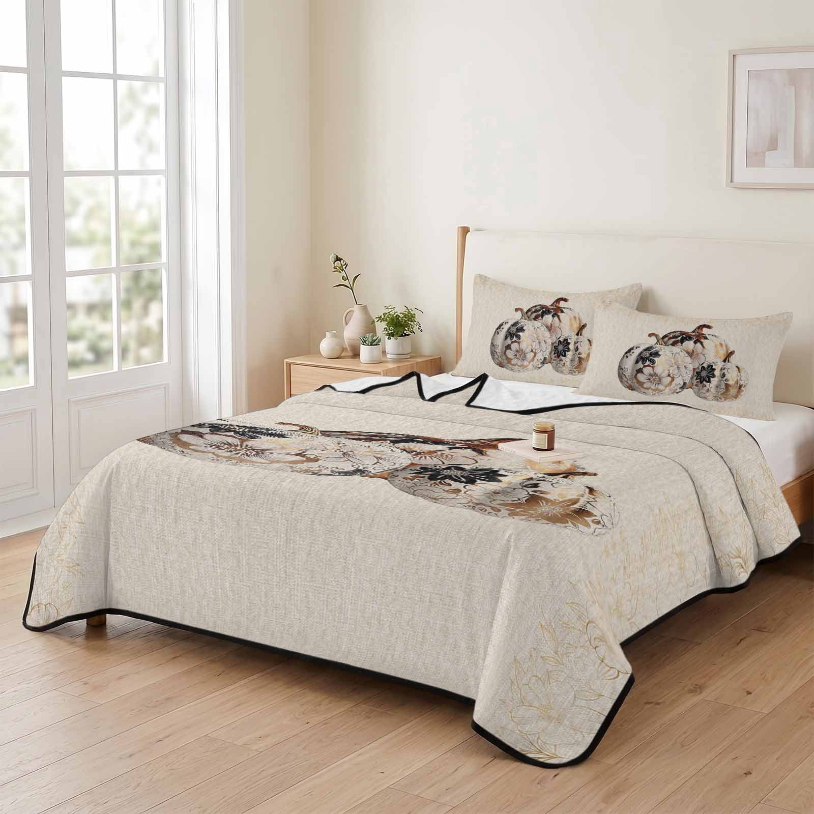 96x106in Quilt Bedding Set, Farm Pumpkin Thanksgiving Fall Classic ...