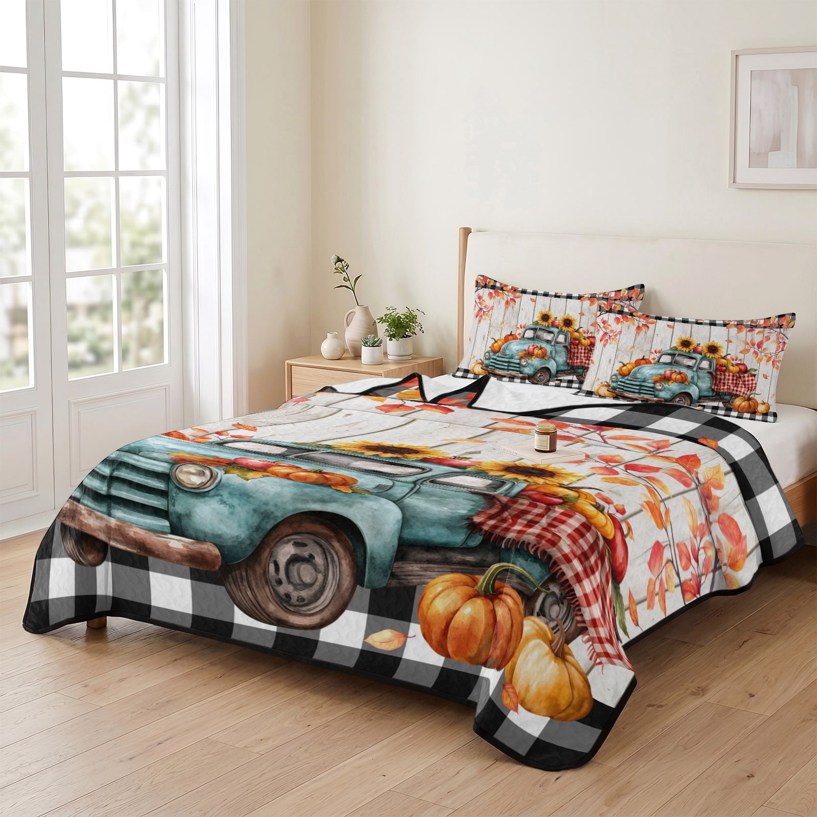 96x106in Quilt Bedding Set, Farm Truck Pumpkin Sunflower Lightweight ...