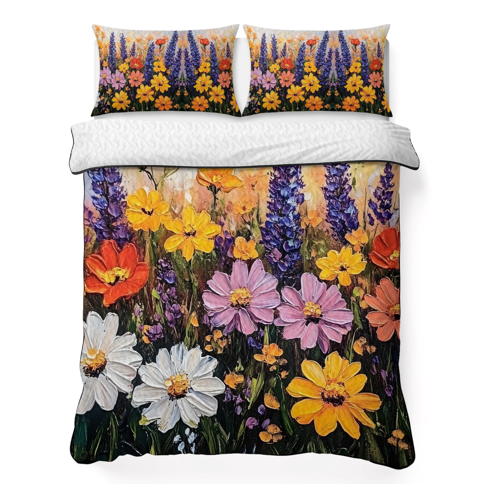 King Quilt Bedding Set Garden Flower Oil Painting Art Breathable Summer ...