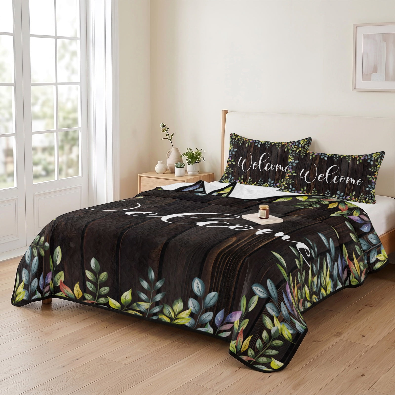 96x106in Quilt Bedding Set, Gradient Leaves on Brown Board Lightweight ...