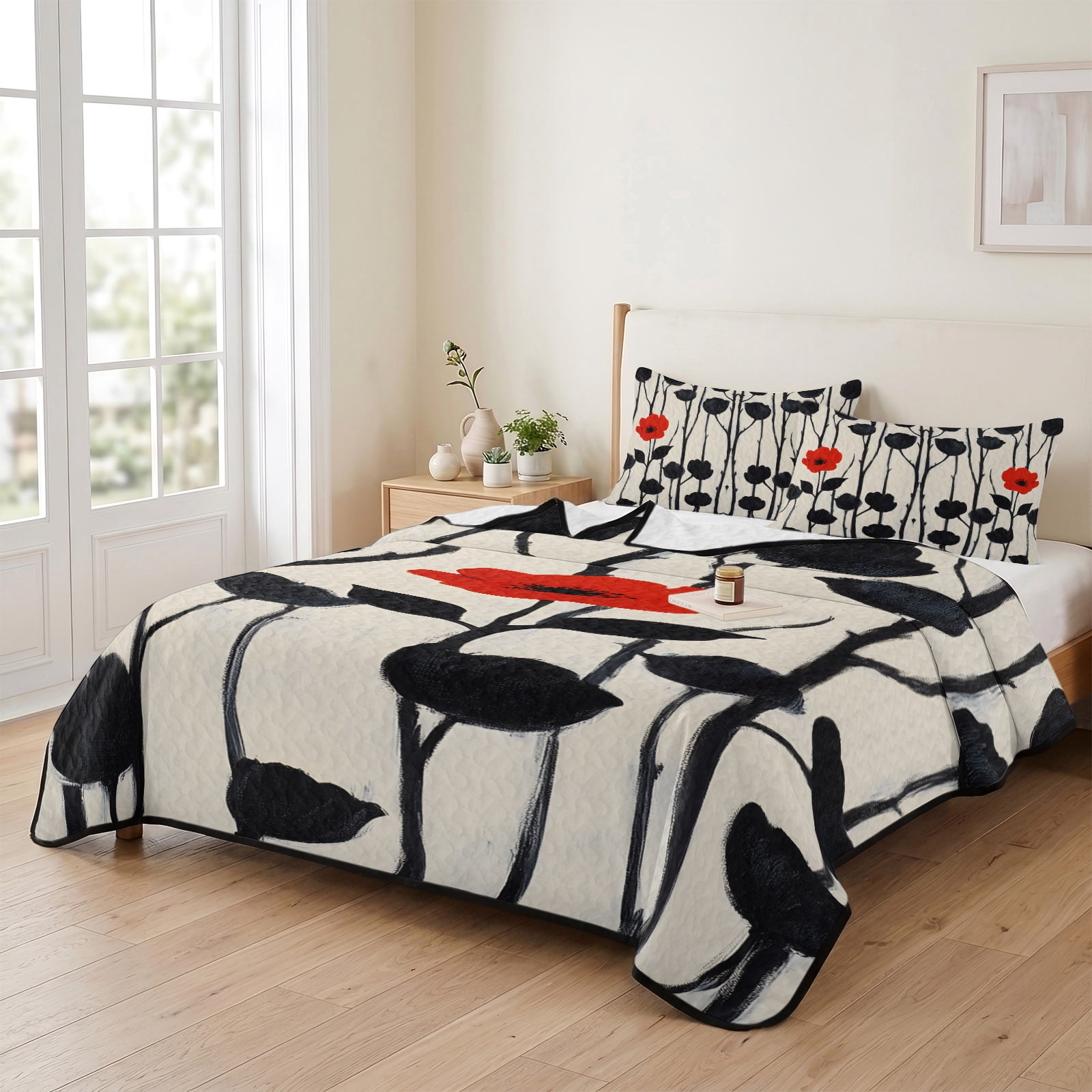 96x106in Quilt Bedding Set, Red Poppy Flower Leaves Lightweight ...