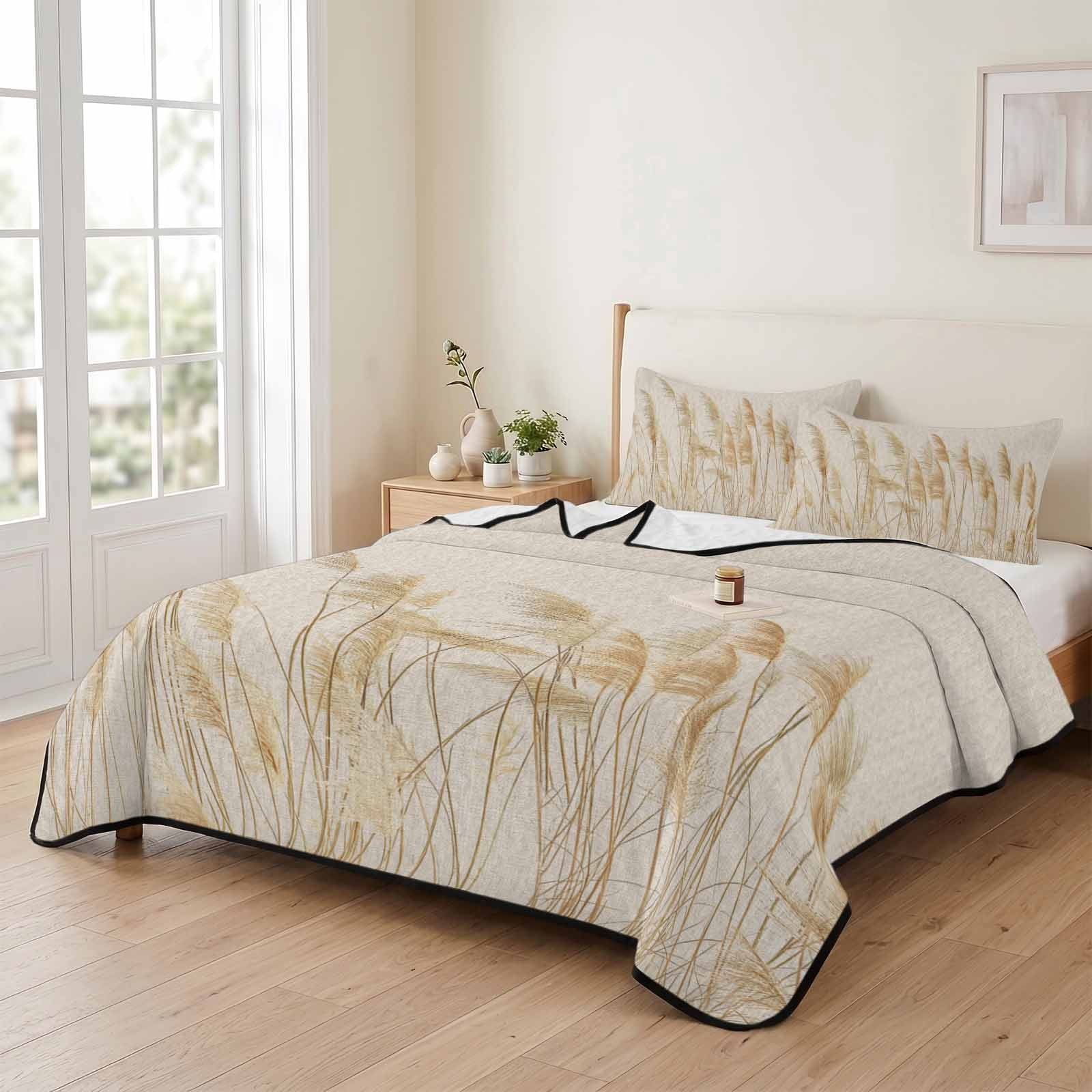 96x106in Quilt Bedding Set, Retro Fall Reed Plant on Linen Flax ...