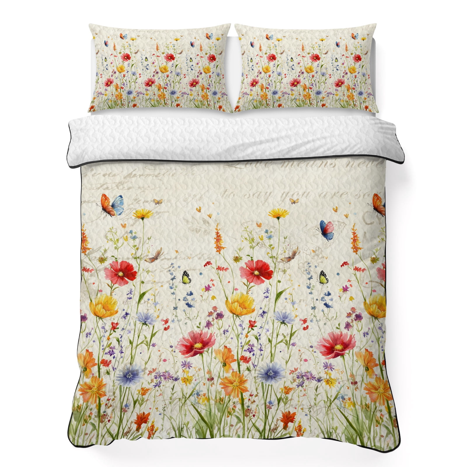 King Quilt Bedding Set Retro Garden Watercolor Flower Breathable Summer ...