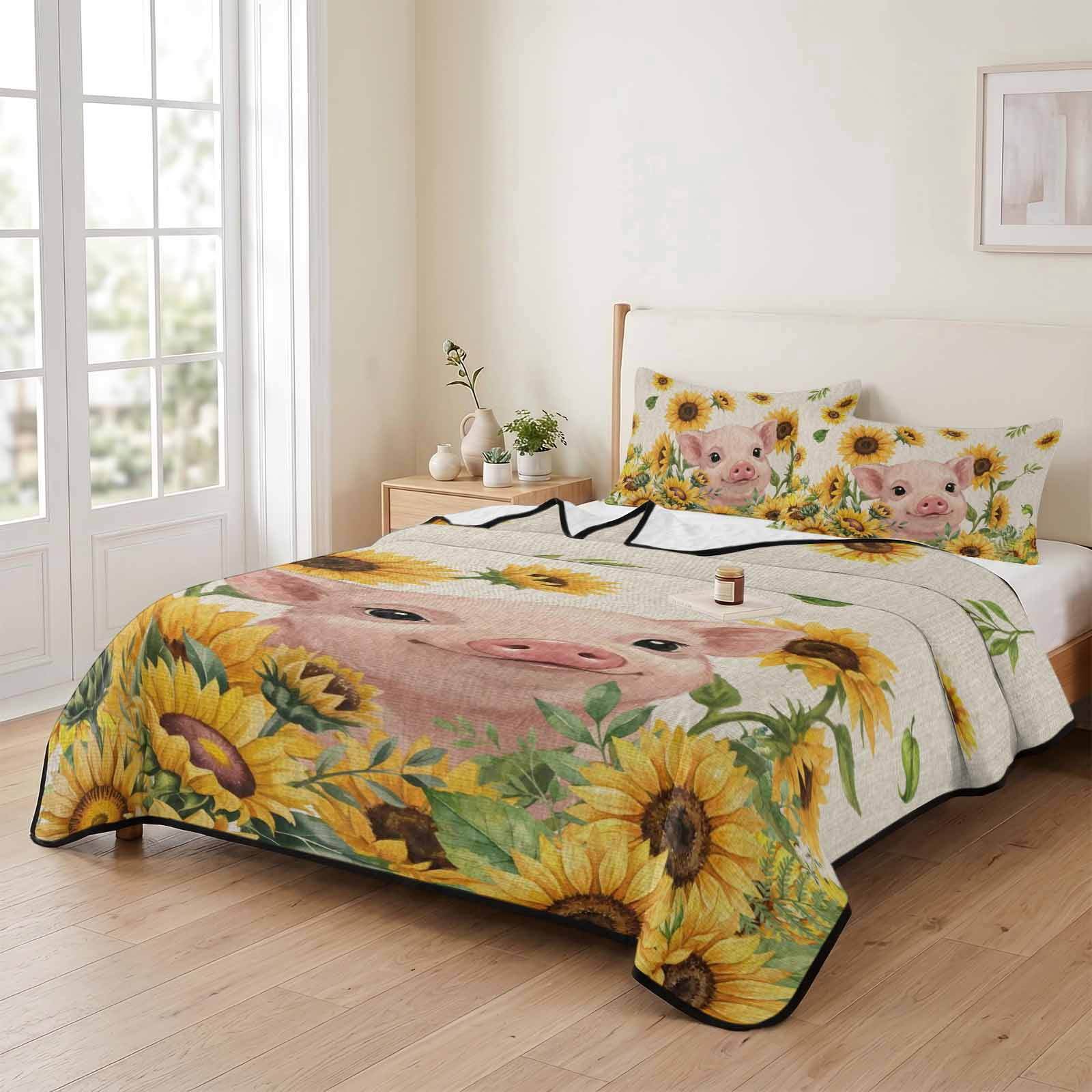 96x106in Quilt Bedding Set, Rustic Blossom Sunflower Pig Lightweight ...