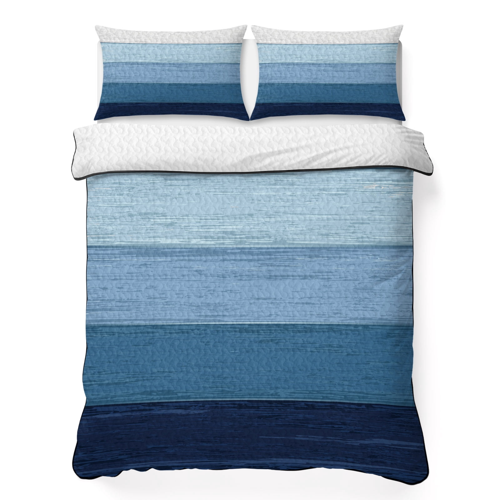 King Quilt Bedding Set Rustic Blue White Ombre Wood Grain Breathable ...