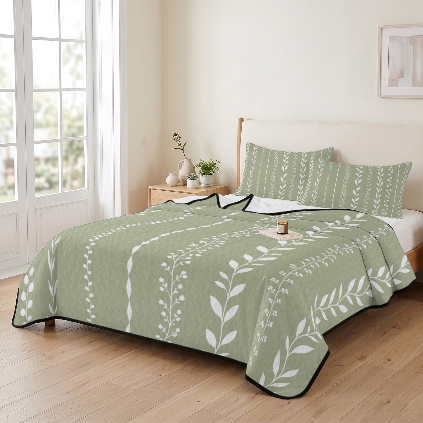 96x106in Quilt Bedding Set, Sage Green Leaf Vine Striped Lightweight ...