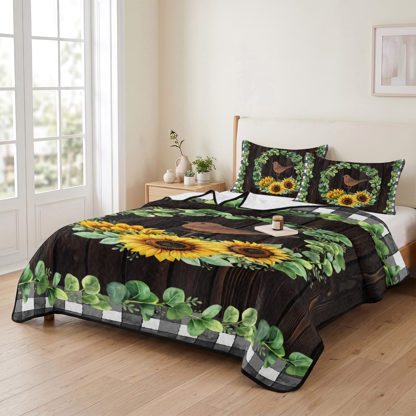 96x106in Quilt Bedding Set, Spring Green Yugal Leaves Sunflowers Bird ...
