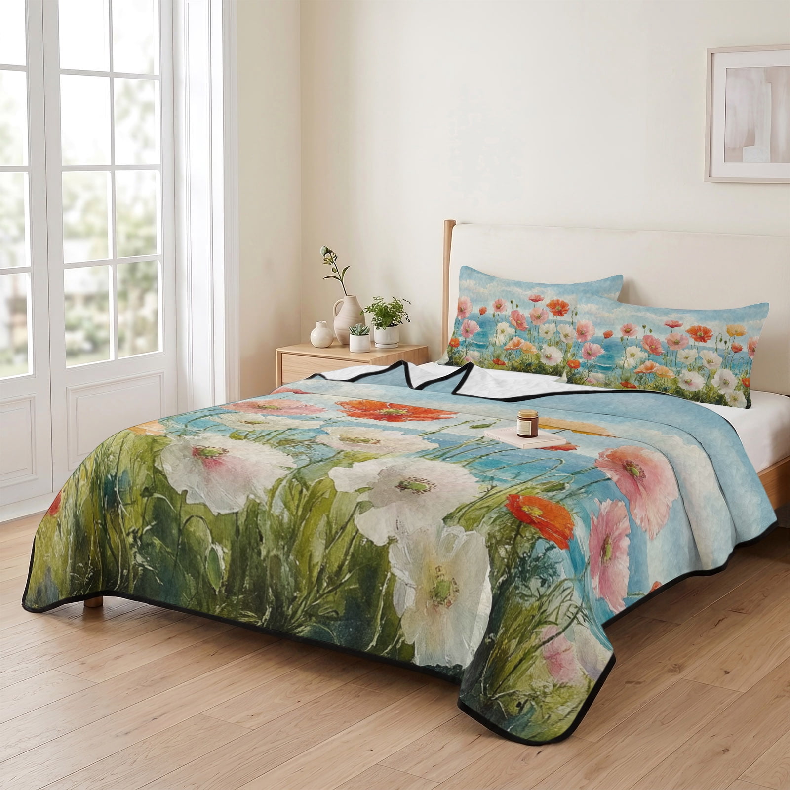 96x106in Quilt Bedding Set, Spring Poppy Watercolor Flower Lightweight ...
