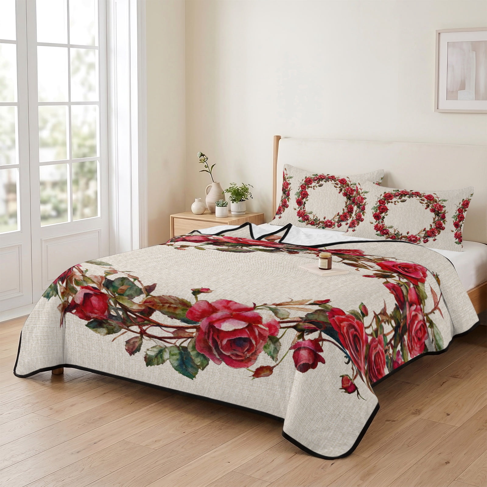 96x106in Quilt Bedding Set, Spring Red Rose Flower Garland on Linen ...
