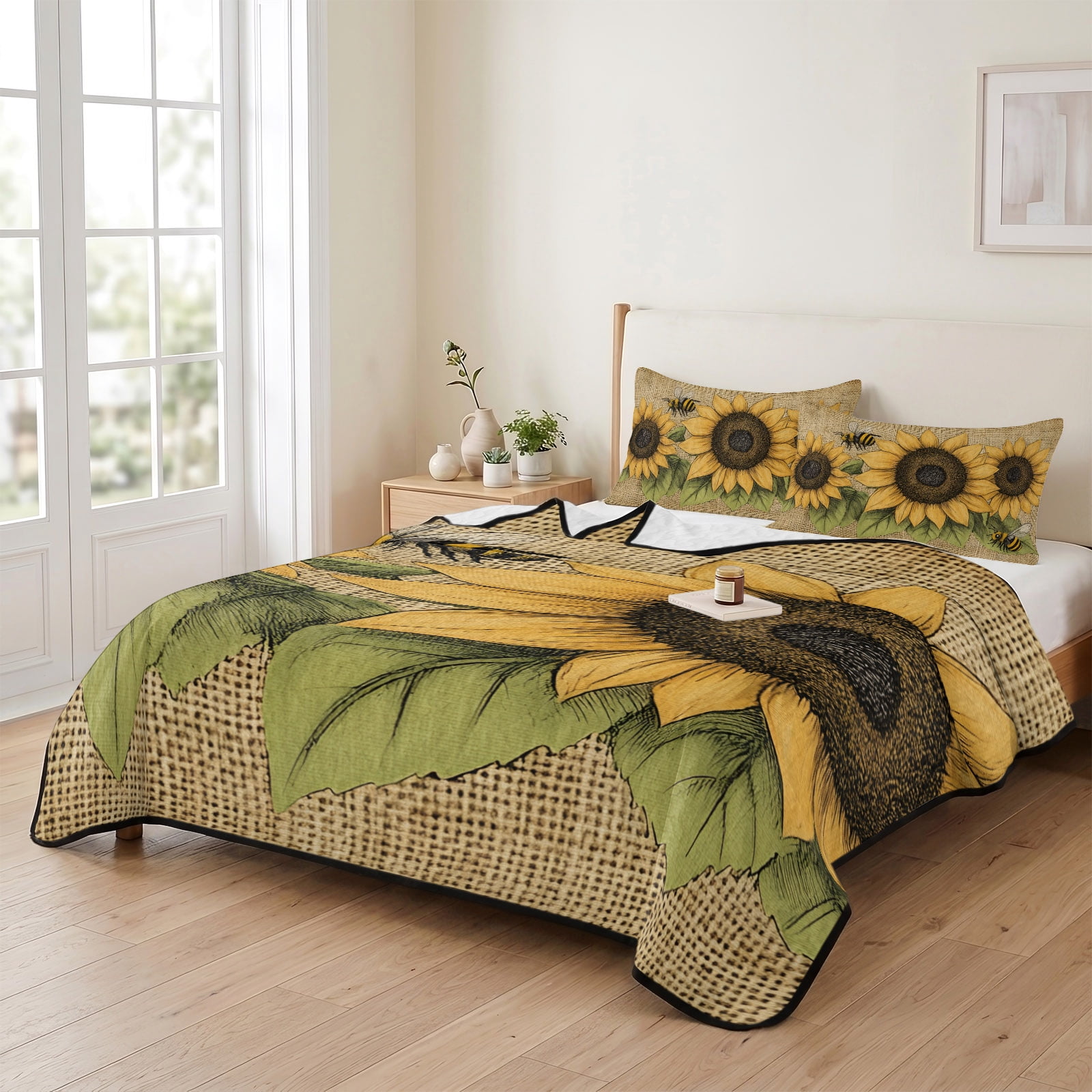 96x106in Quilt Bedding Set, Spring Sunflower Bee on Retro Linen ...