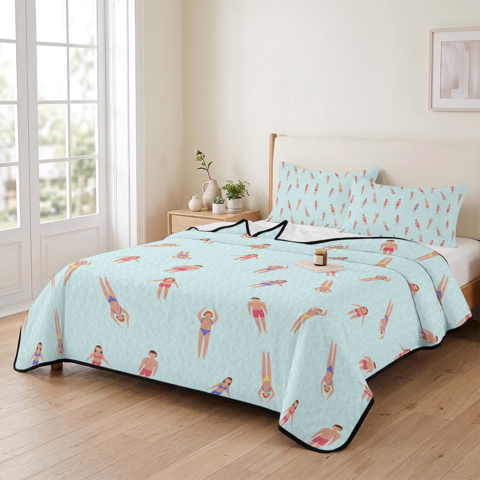 96x106in Quilt Bedding Set, Summer Cartoon Swimming People Lightweight ...