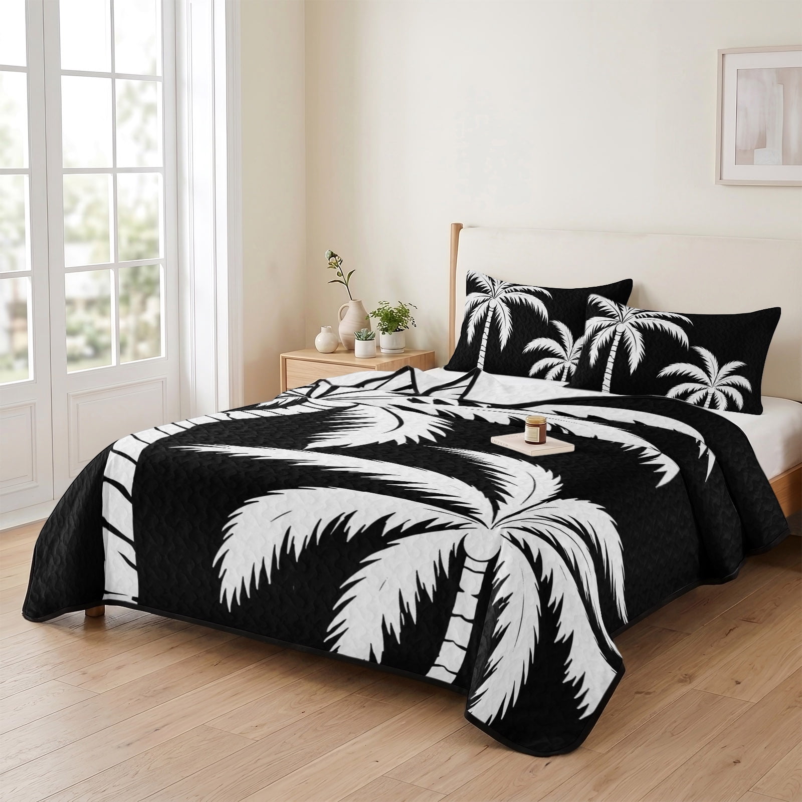 96x106in Quilt Bedding Set, Summer Palm Tree on Black Lightweight ...