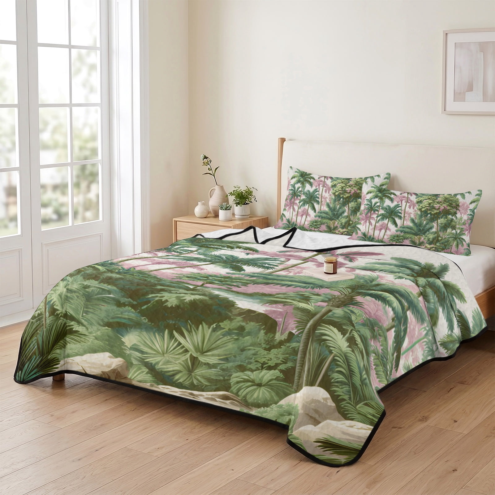 96x106in Quilt Bedding Set, Summer Watercolor Palm Trees Lightweight ...