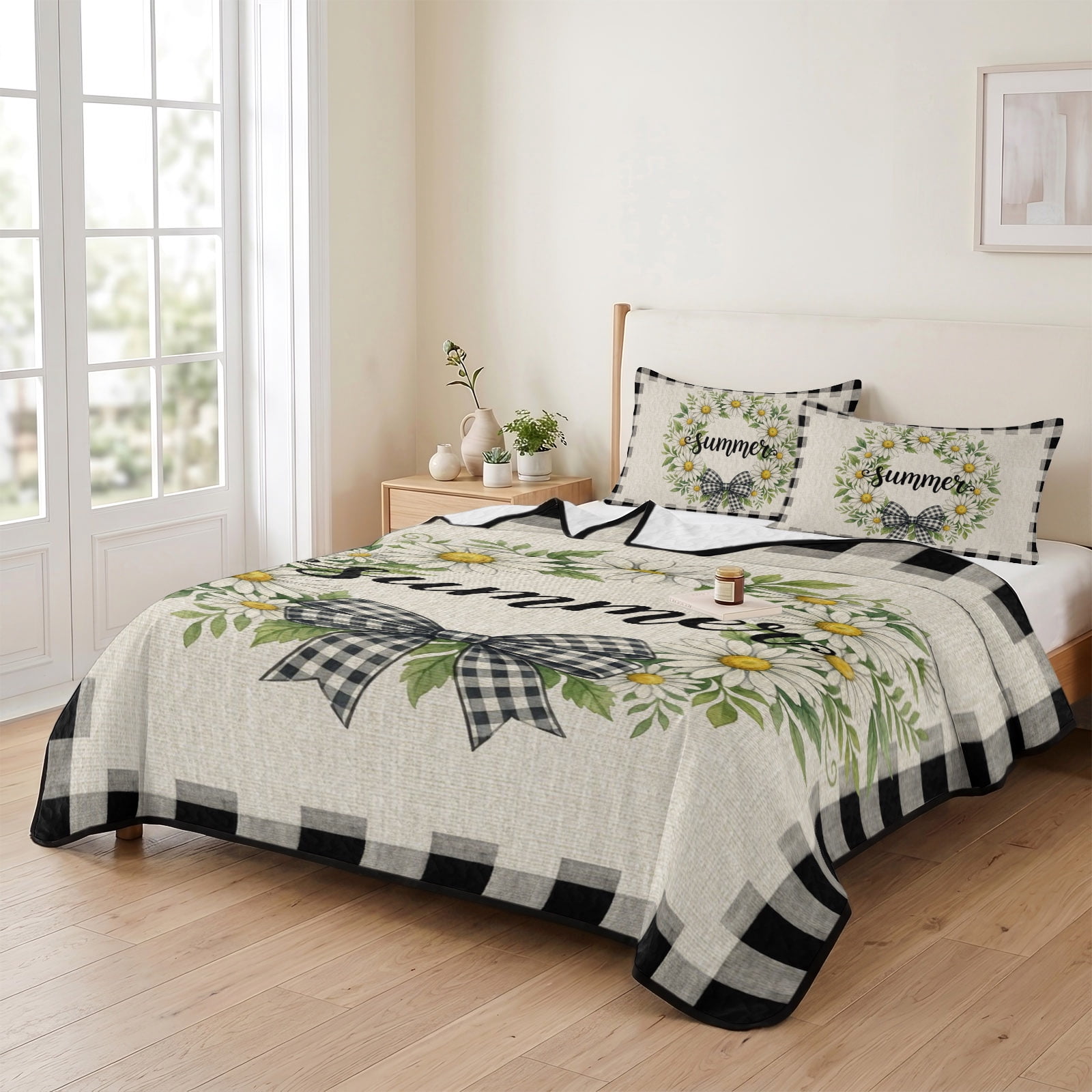96x106in Quilt Bedding Set, Summer Words Farm Daisy Flowers Lightweight ...