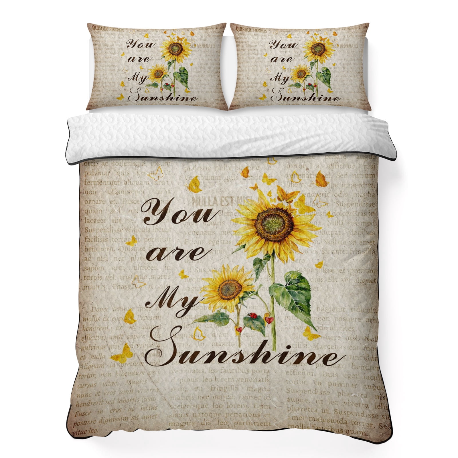 King Quilt Bedding Set Sunflower Butterfly on Vintage Newspaper ...