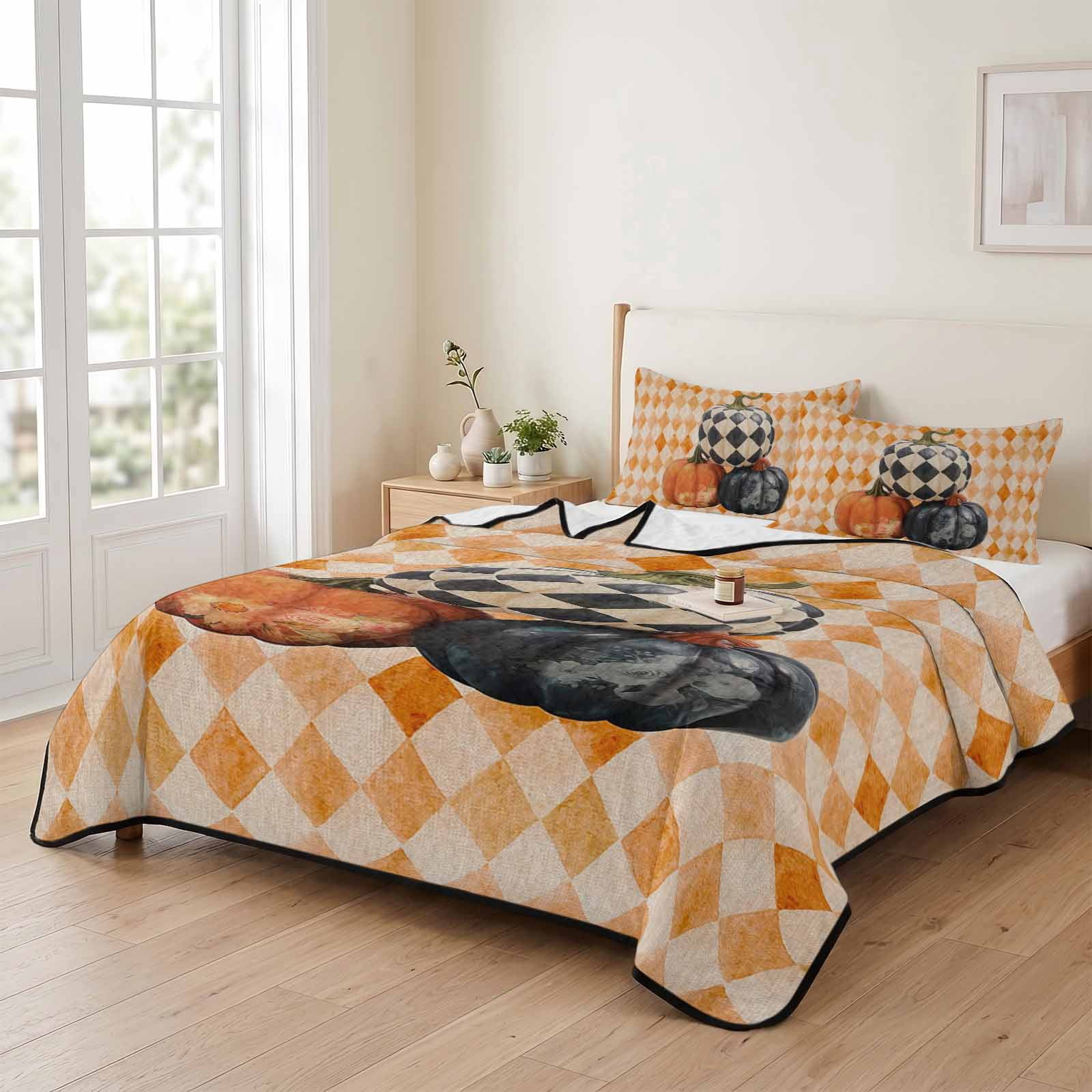 96x106in Quilt Bedding Set, Thanksgiving Pumpkin Black Checker Orange ...