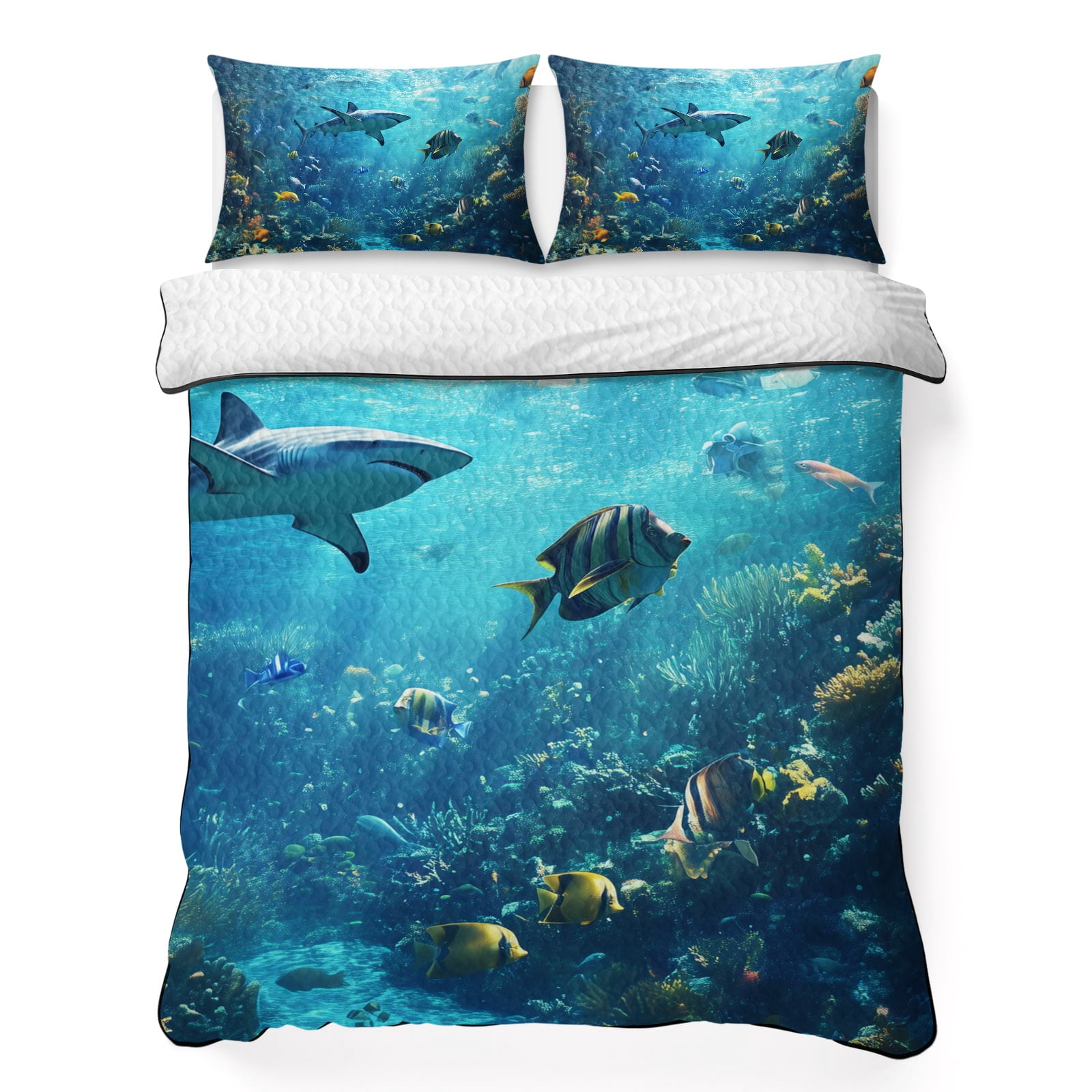 King Quilt Bedding Set Underwater World Ocean Shark Fish Breathable ...