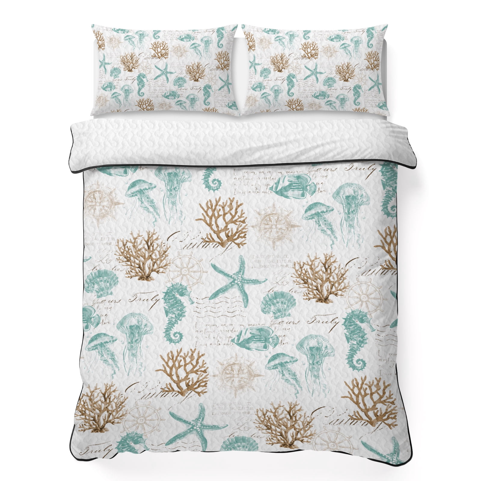 King Quilt Bedding Set Vintage Green Seahorse Starfish Brown Coral ...