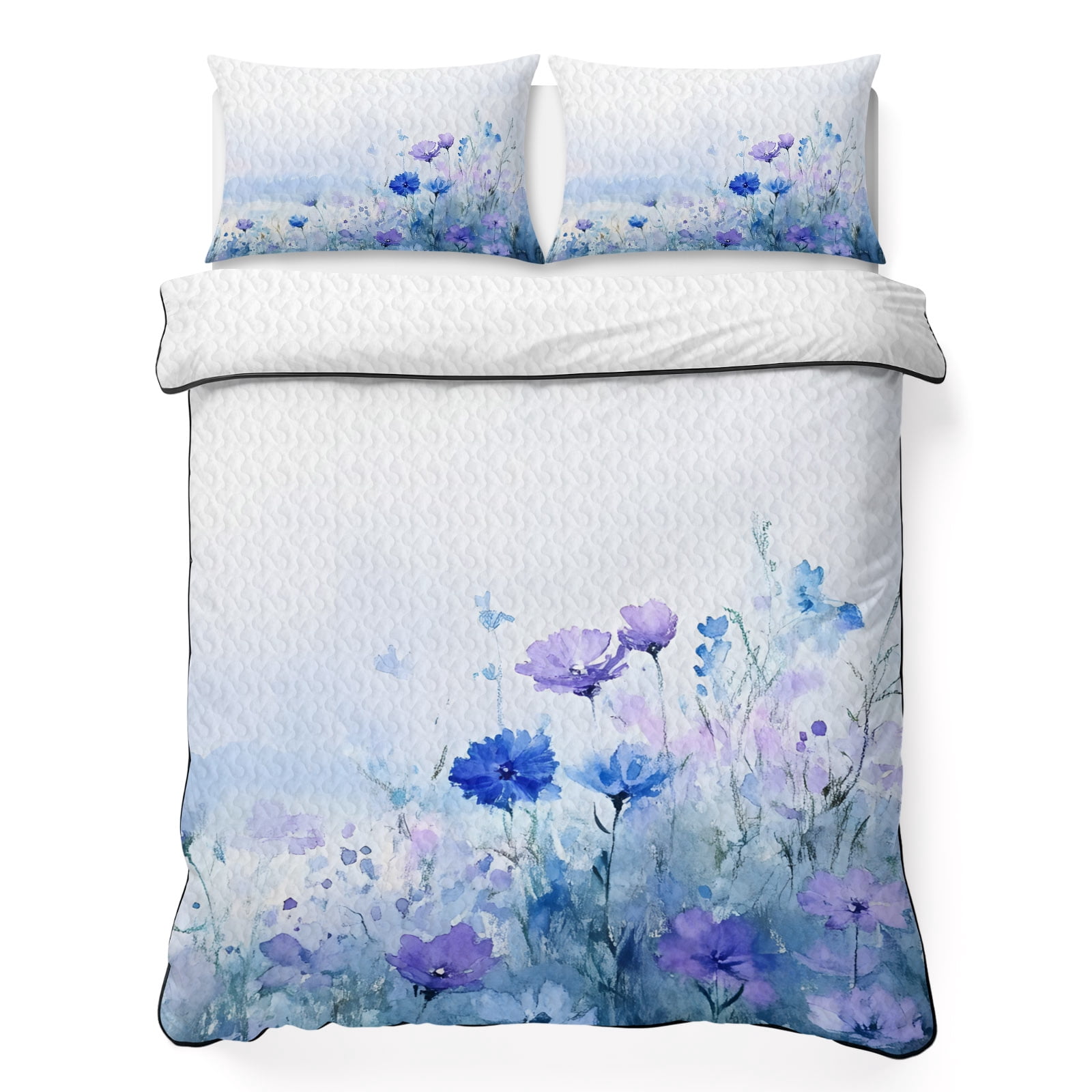 King Quilt Bedding Set Watercolor Blue Spring Flower on White ...