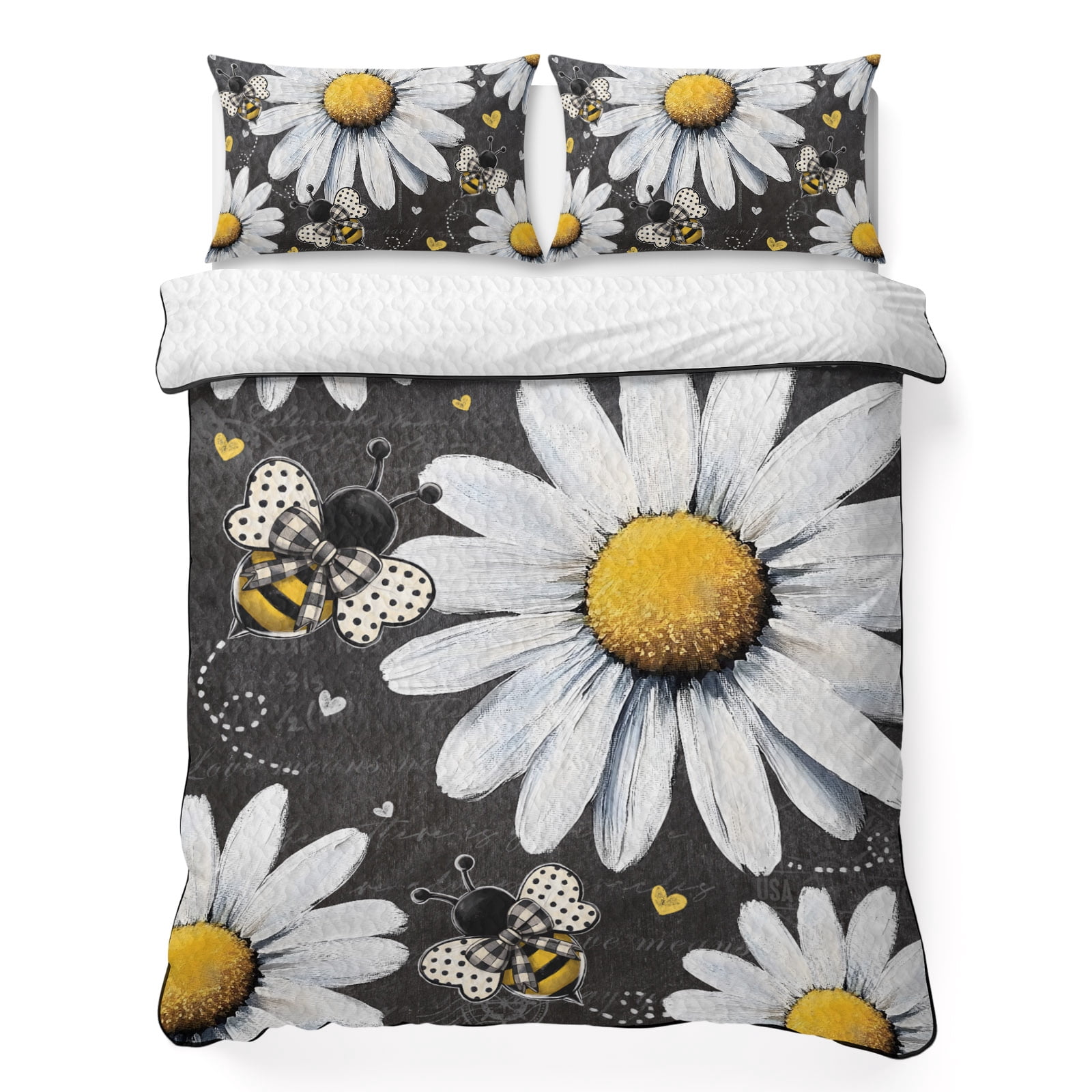 King Quilt Bedding Set Watercolor Farm Daisy Flower Bee Breathable ...