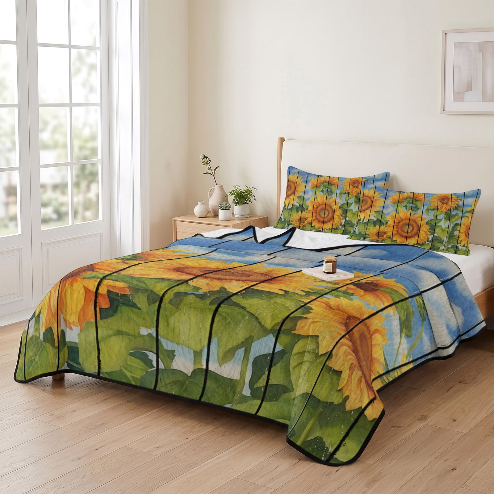 96x106in Quilt Bedding Set, Watercolor Sunflower on Wood Grain ...