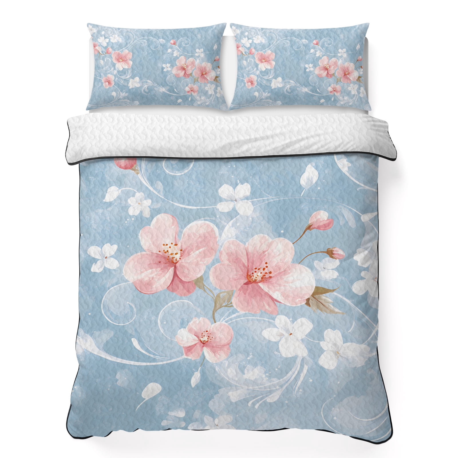 King Quilt Bedding Set White Pink Flower Breathable Summer Cooling ...