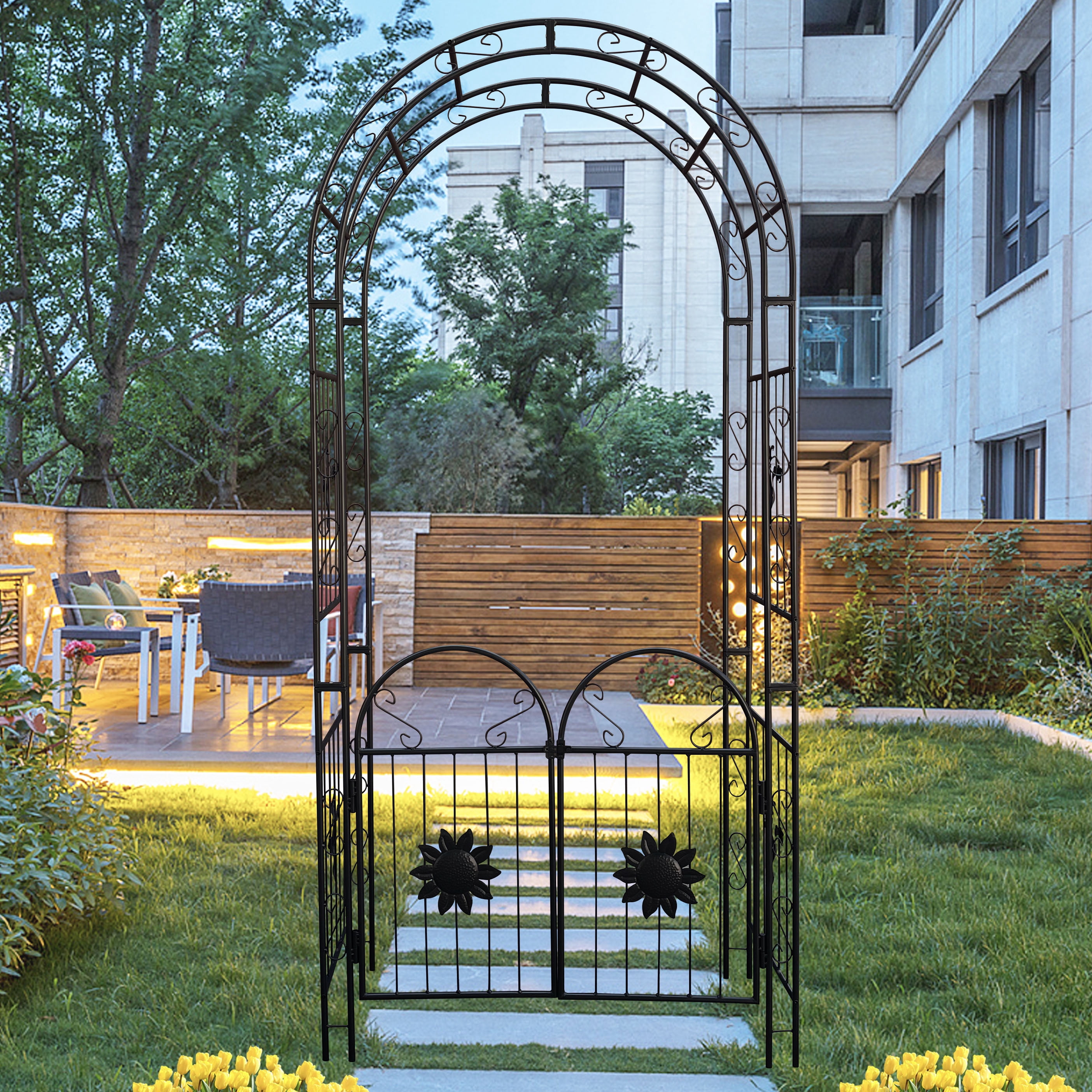 98.4" H Metal Garden Arch With Door, Garden Trellis, Outdoor Lawn ...
