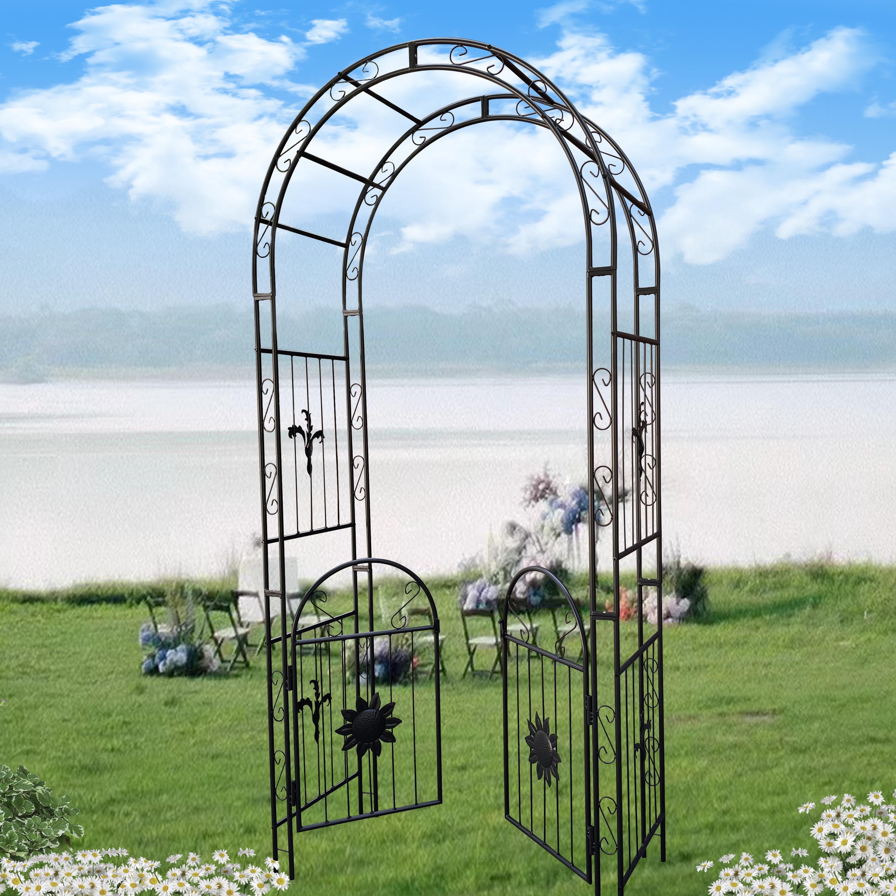 98.4" H Metal Garden Arch With Door, Garden Trellis, Outdoor Lawn ...