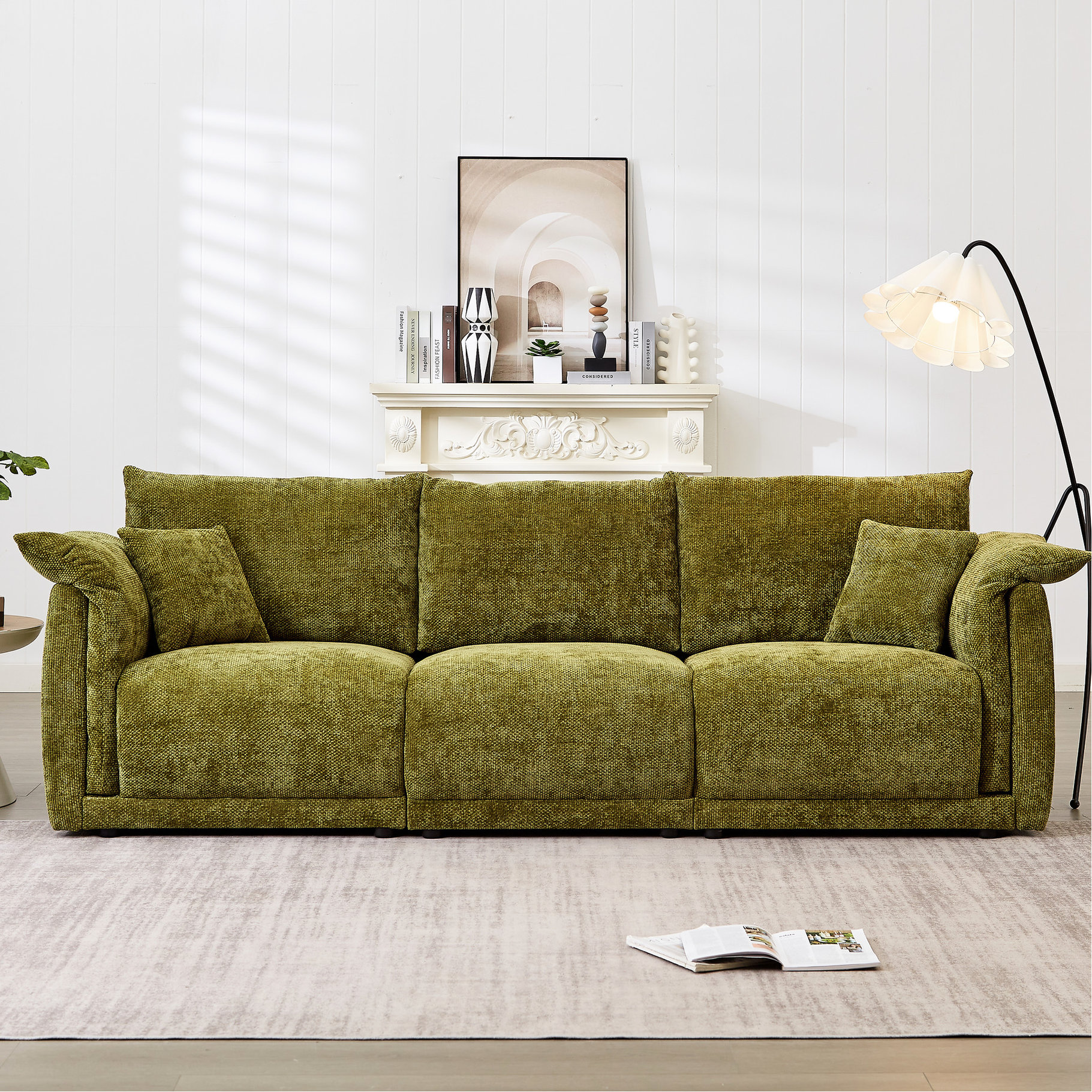 98.5" 3-seat green linen sofa with comfortable cushions and upholstered ...